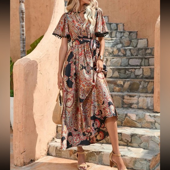 Dresses | Boho Paisley Floral Print Butterfly Sleeve Belted Maxi Dress | Poshmark